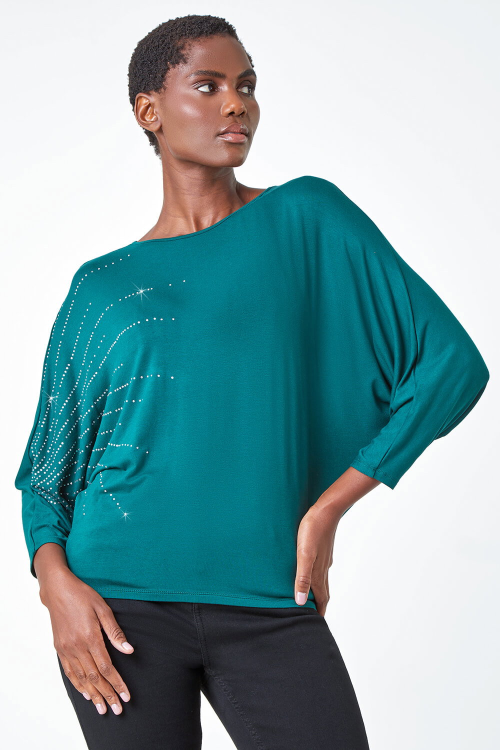 Dark Green Diamante Embellished Relaxed Stretch Top | Roman UK