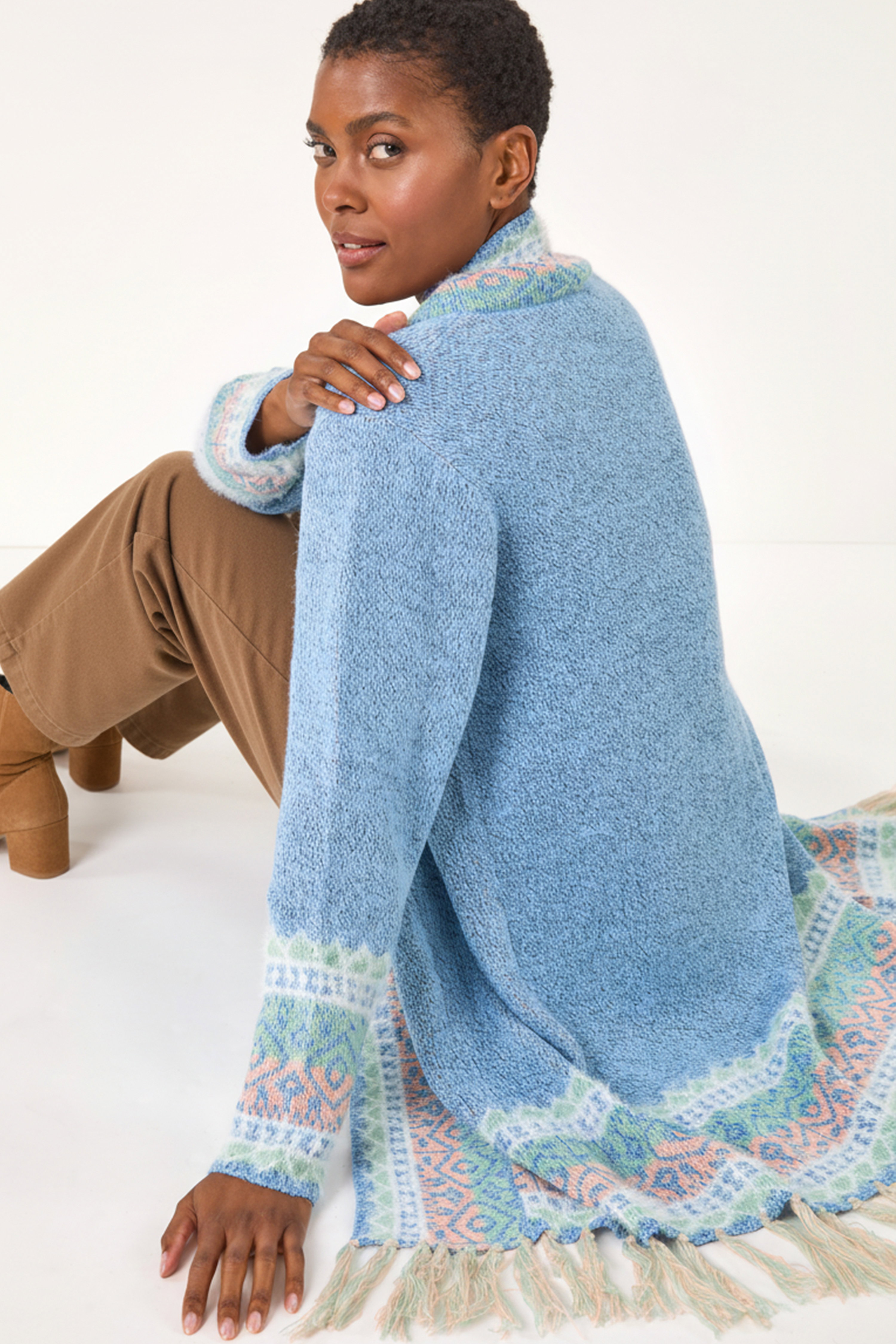 Light Blue Patterened Fringe Cardigan | Roman UK