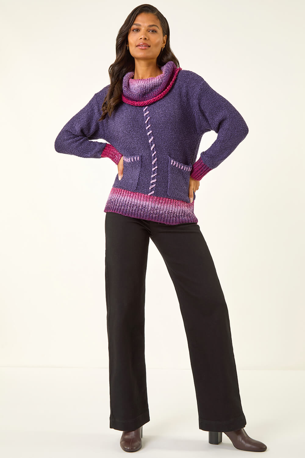 Purple Roll Neck Patch Pocket Knit Jumper | Roman UK