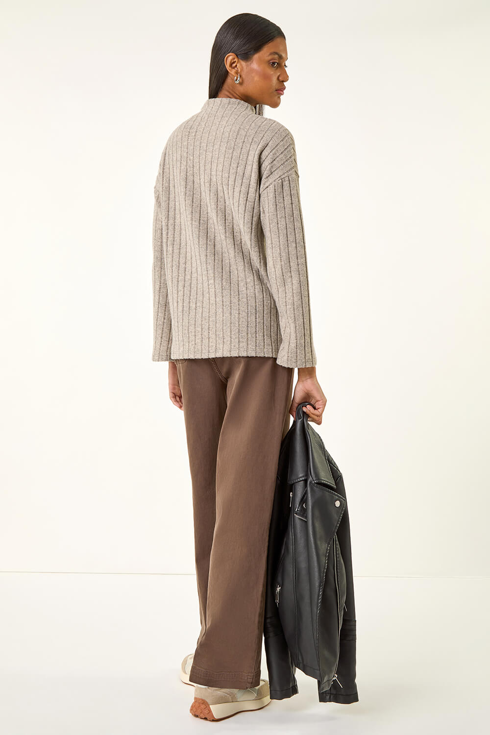 Natural High Neck Ribbed Snit Top | Roman UK