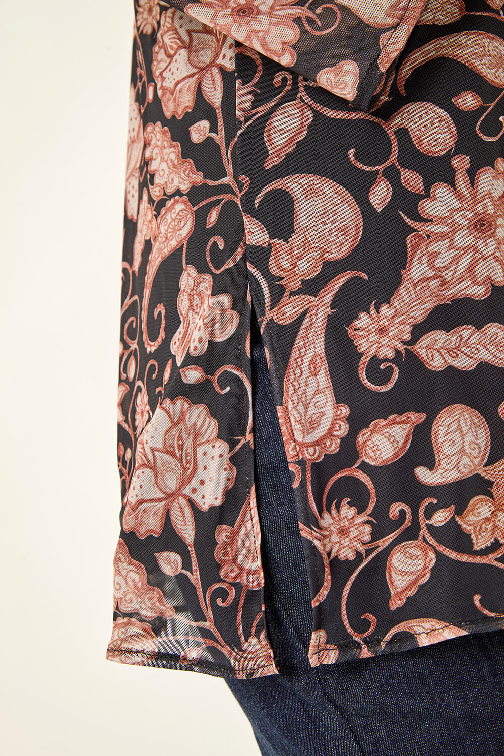 Beige Curve Print Mesh Tunic Top | Roman UK
