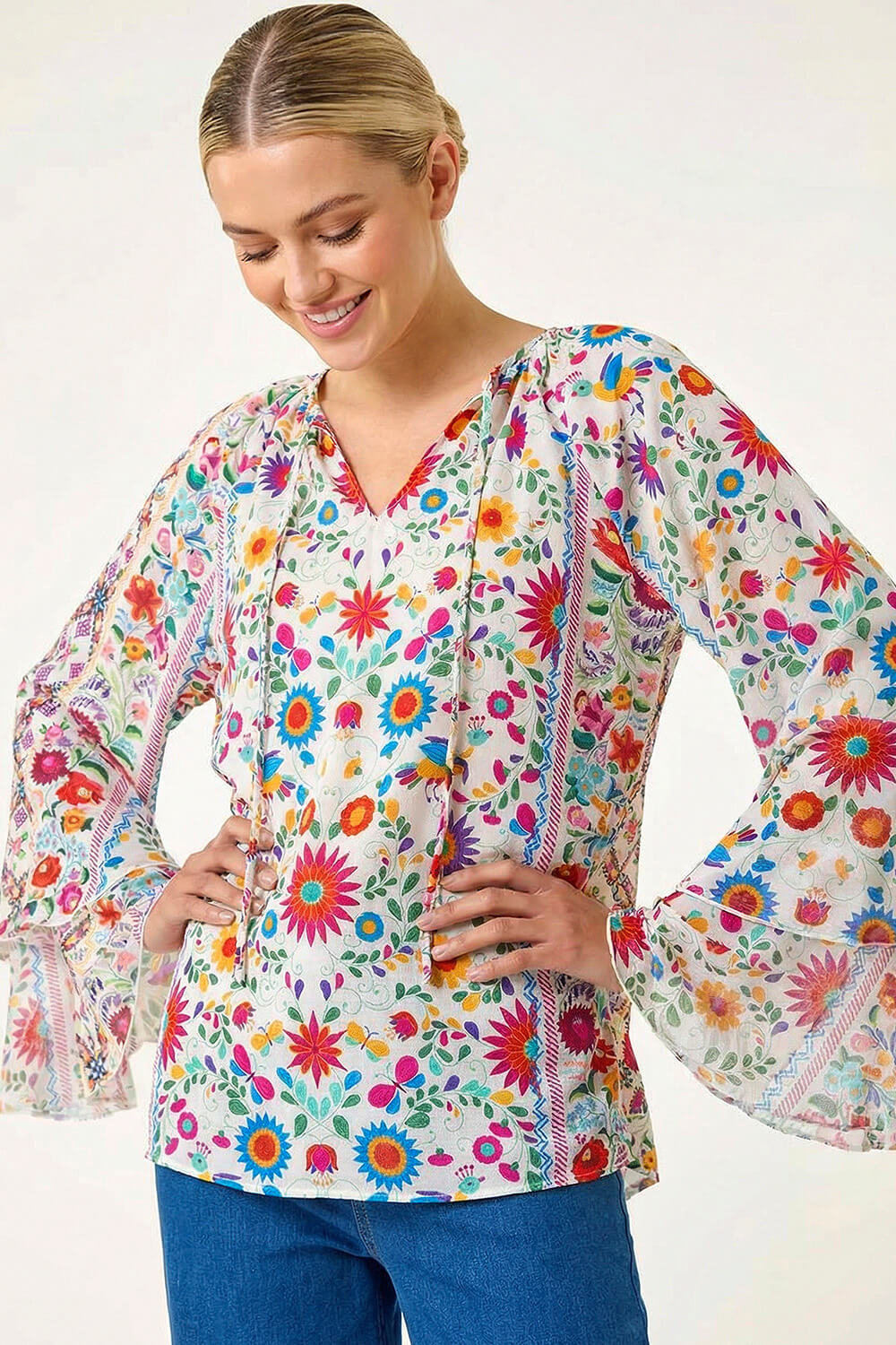 Pink Tie Front Floral Print Top | Roman UK