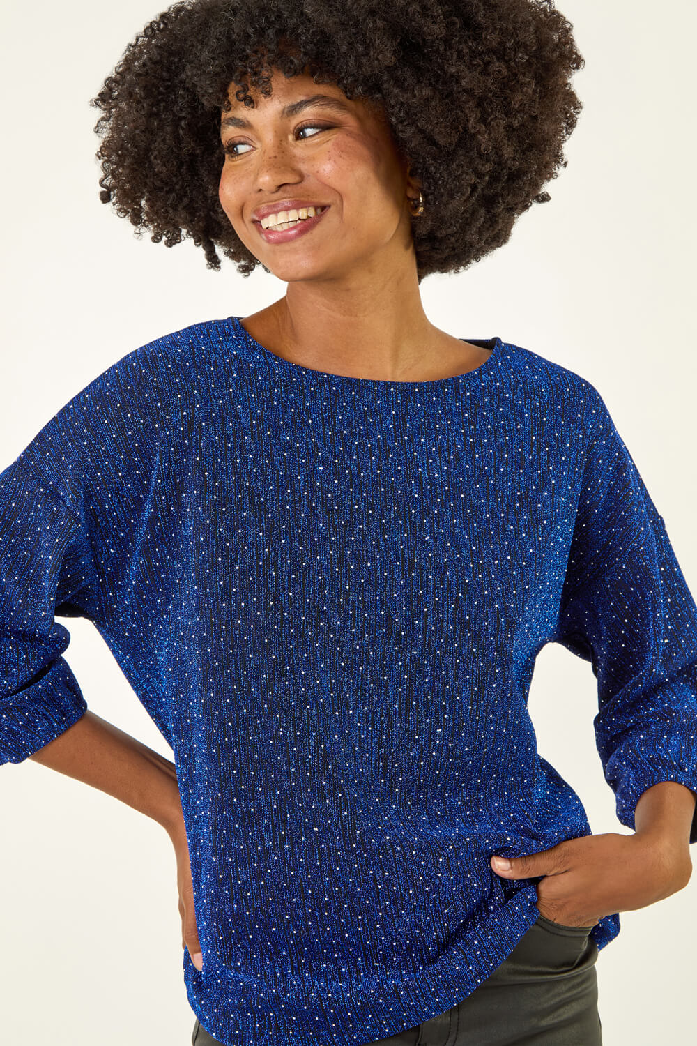 Blue Metallic Textured Stretch Top | Roman UK