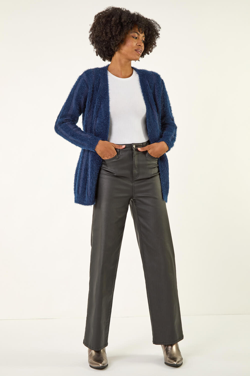 Navy Fluffy Textured Knit Longline Cardigan | Roman UK