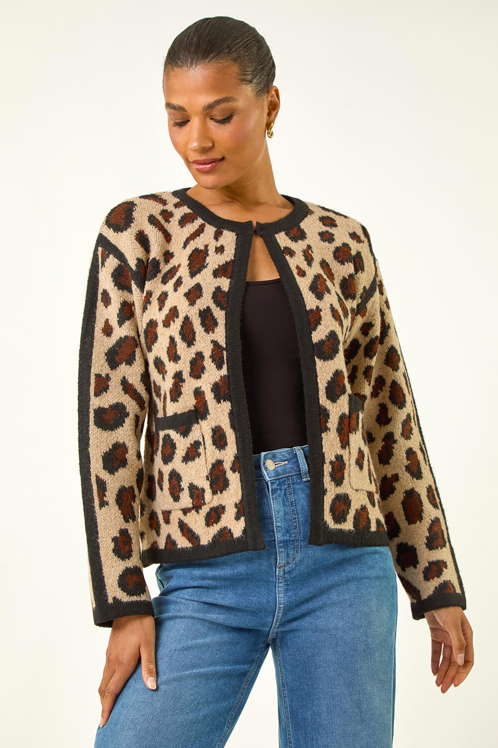 Natural Animal Print Knit Cardigan | Roman UK
