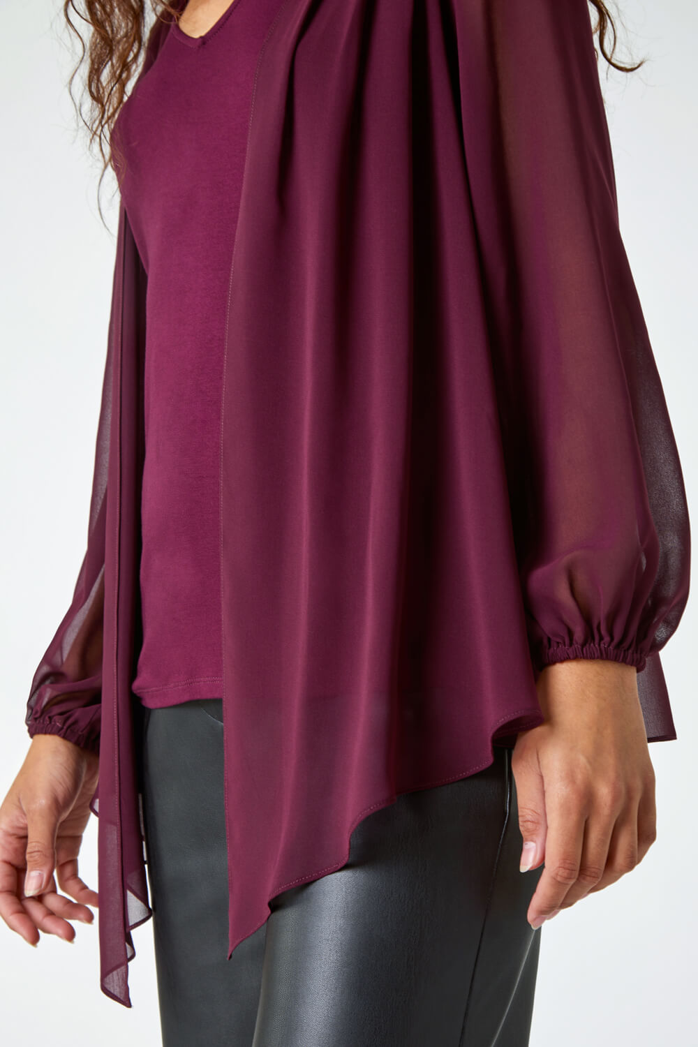 Wine Contrast Chiffon Overlay Stretch Top | Roman UK
