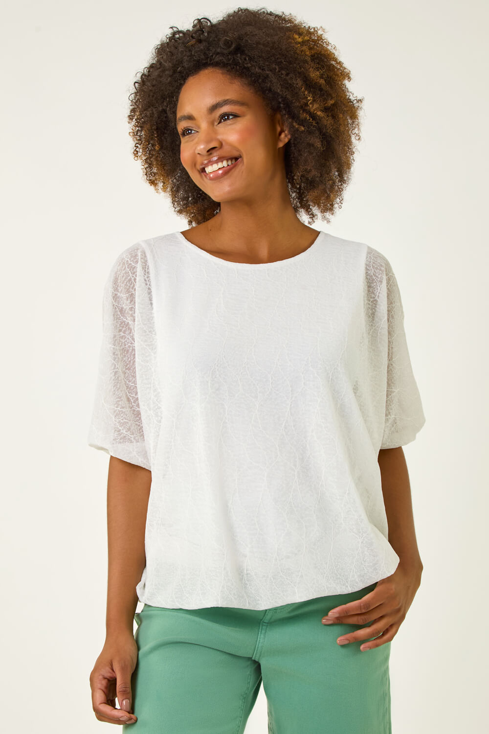 Ivory Mesh Bubble Hem Top | Roman UK