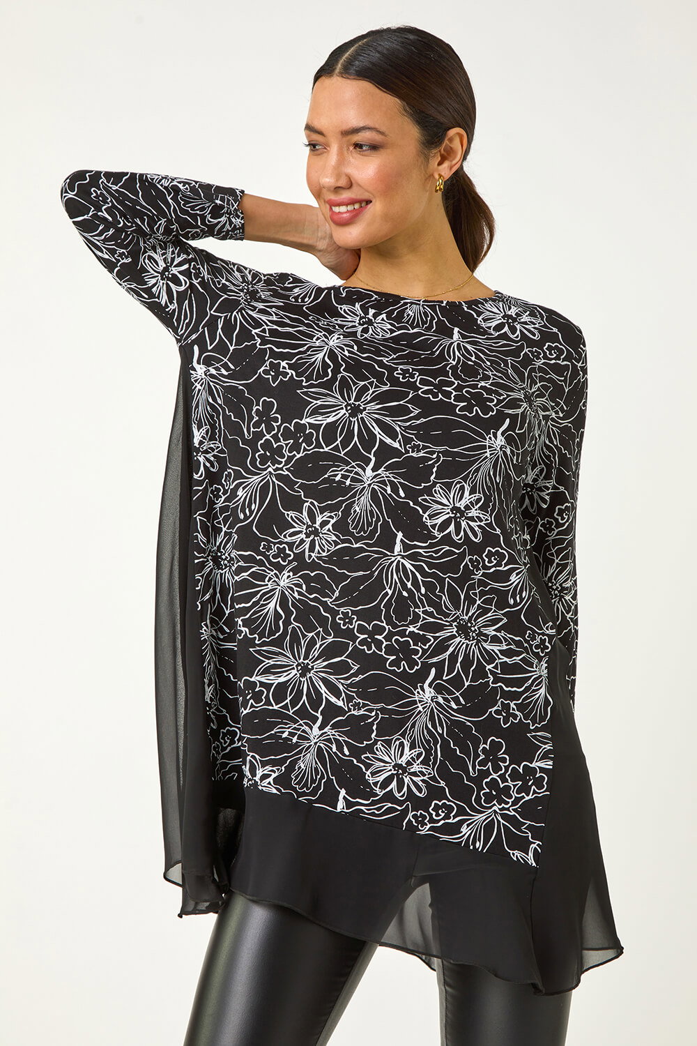 Black Floral Print Mesh Hem Tunic Top | Roman UK