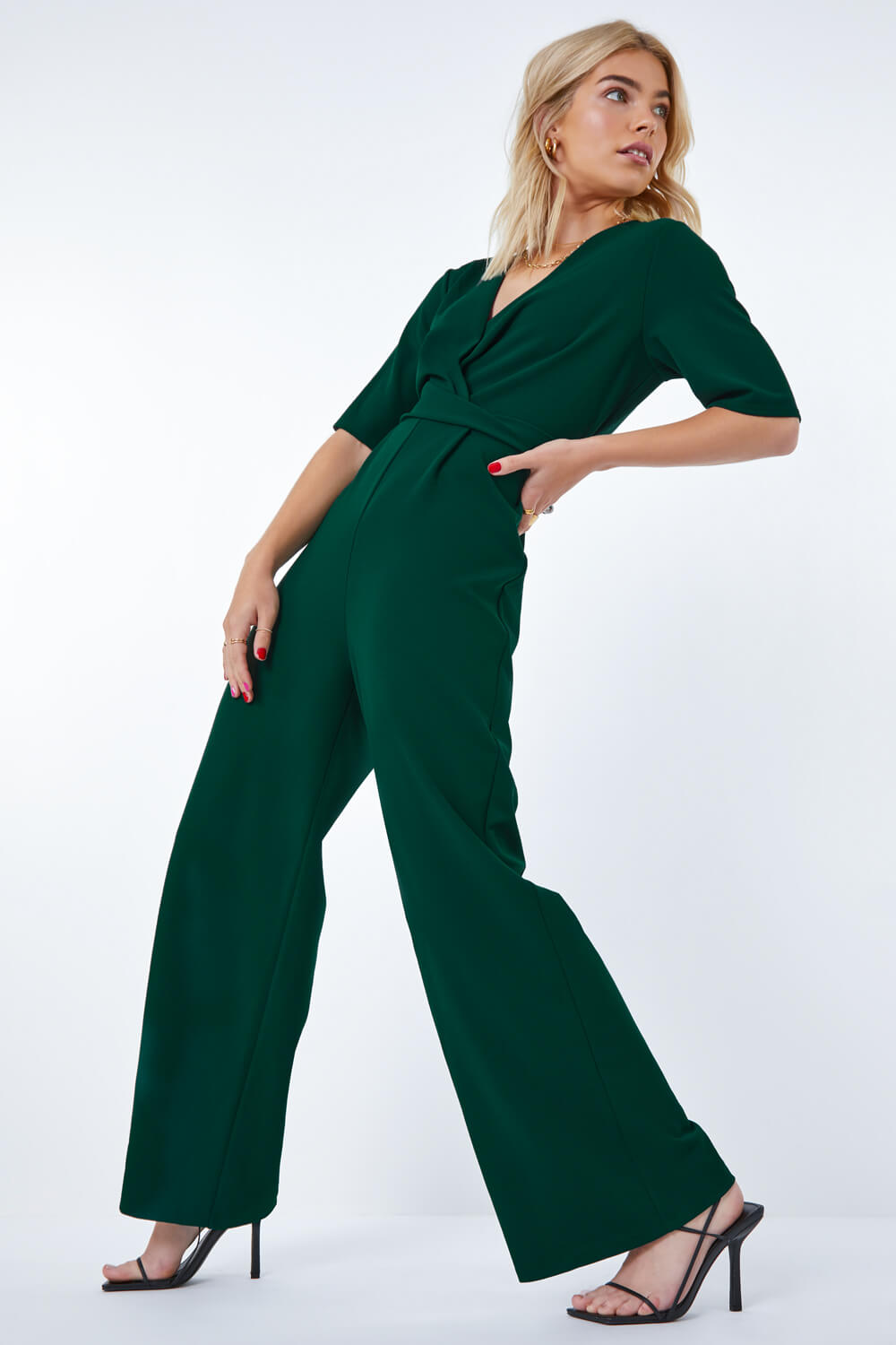 Green Wrap Midi Stretch Jumpsuit | Roman UK