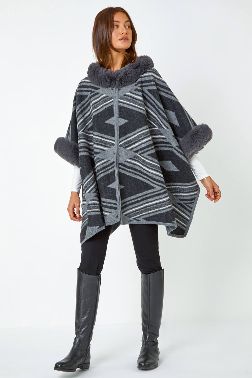 Grey Zig Zag Faux Fur Trim Cape | Roman UK