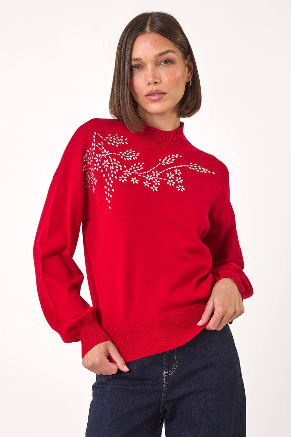 Red Floral Hotfix Detail Knit Jumper | Roman UK