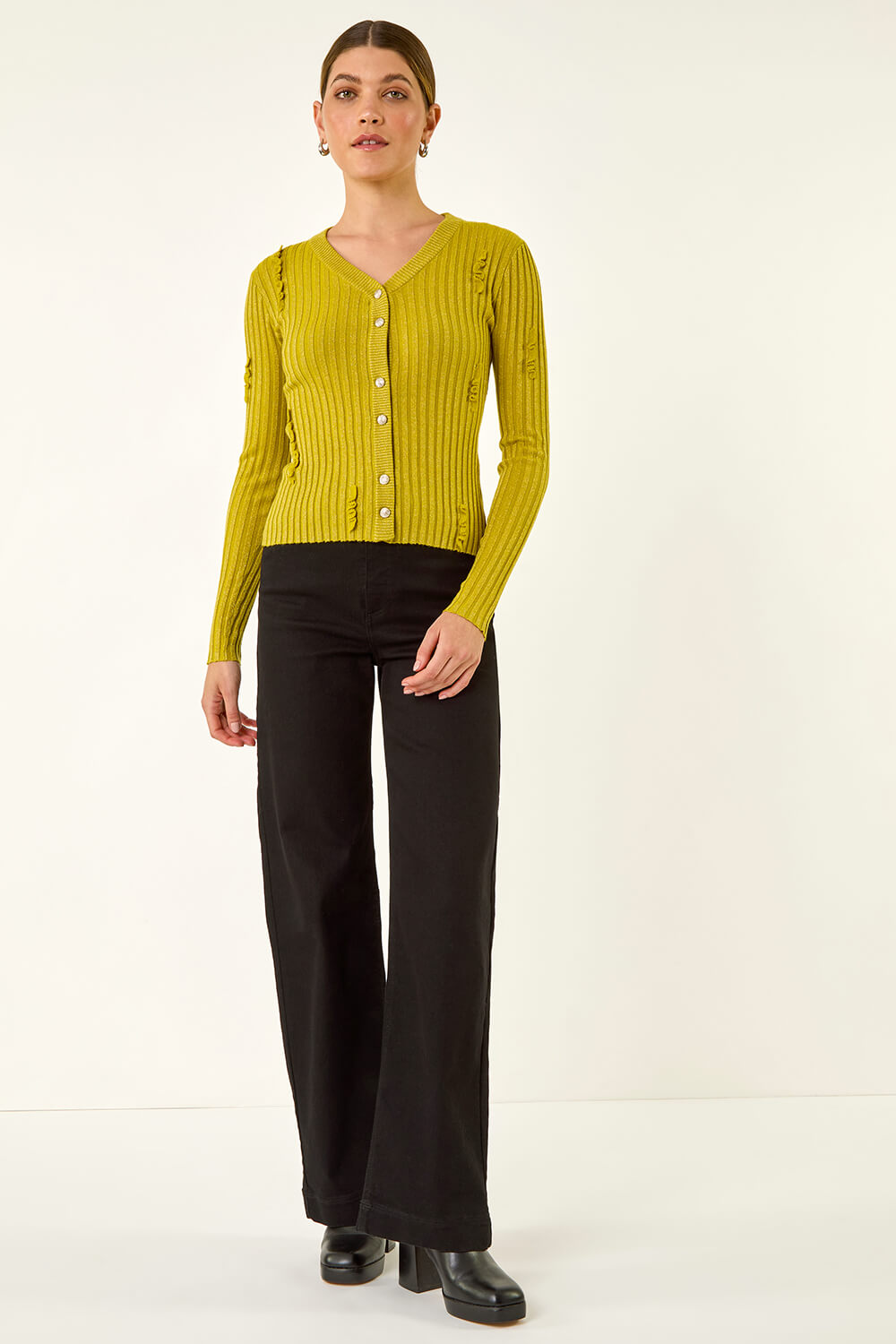 Lime Ruffle Buttoned Knit Top | Roman UK