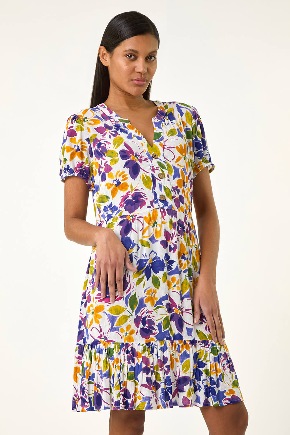 Purple Floral Notch Button A-Line Dress | Roman UK