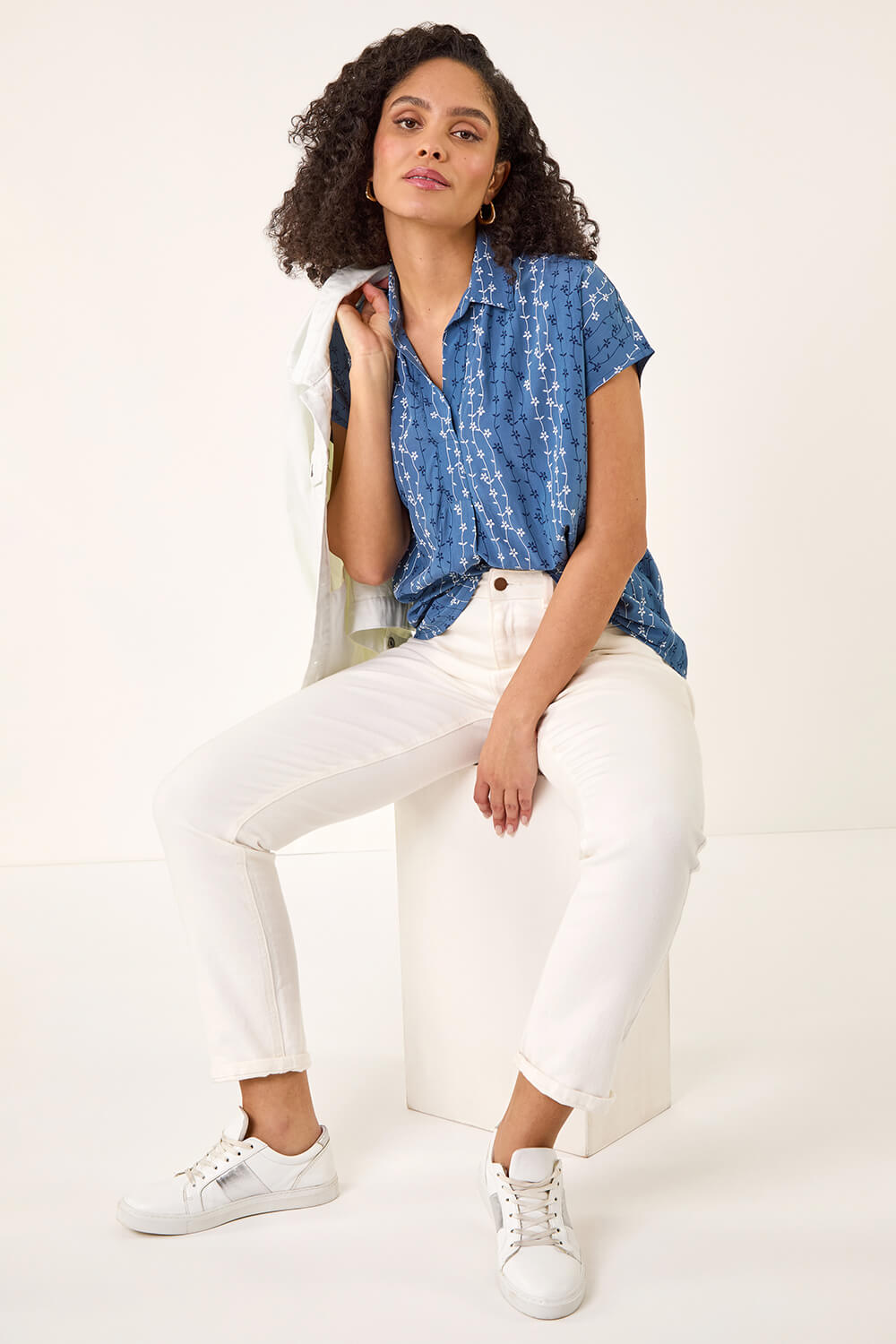 Denim Floral Stripe Print V-Neck Top | Roman UK