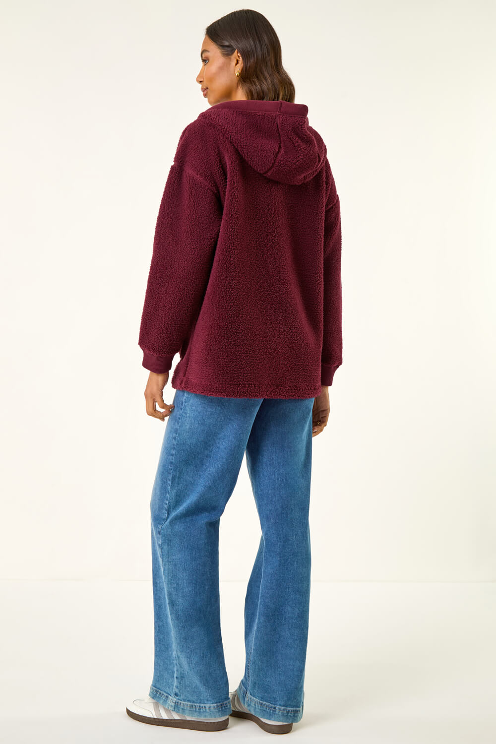 Burgundy Hooded Borg Zip Through Jacket | Roman UK
