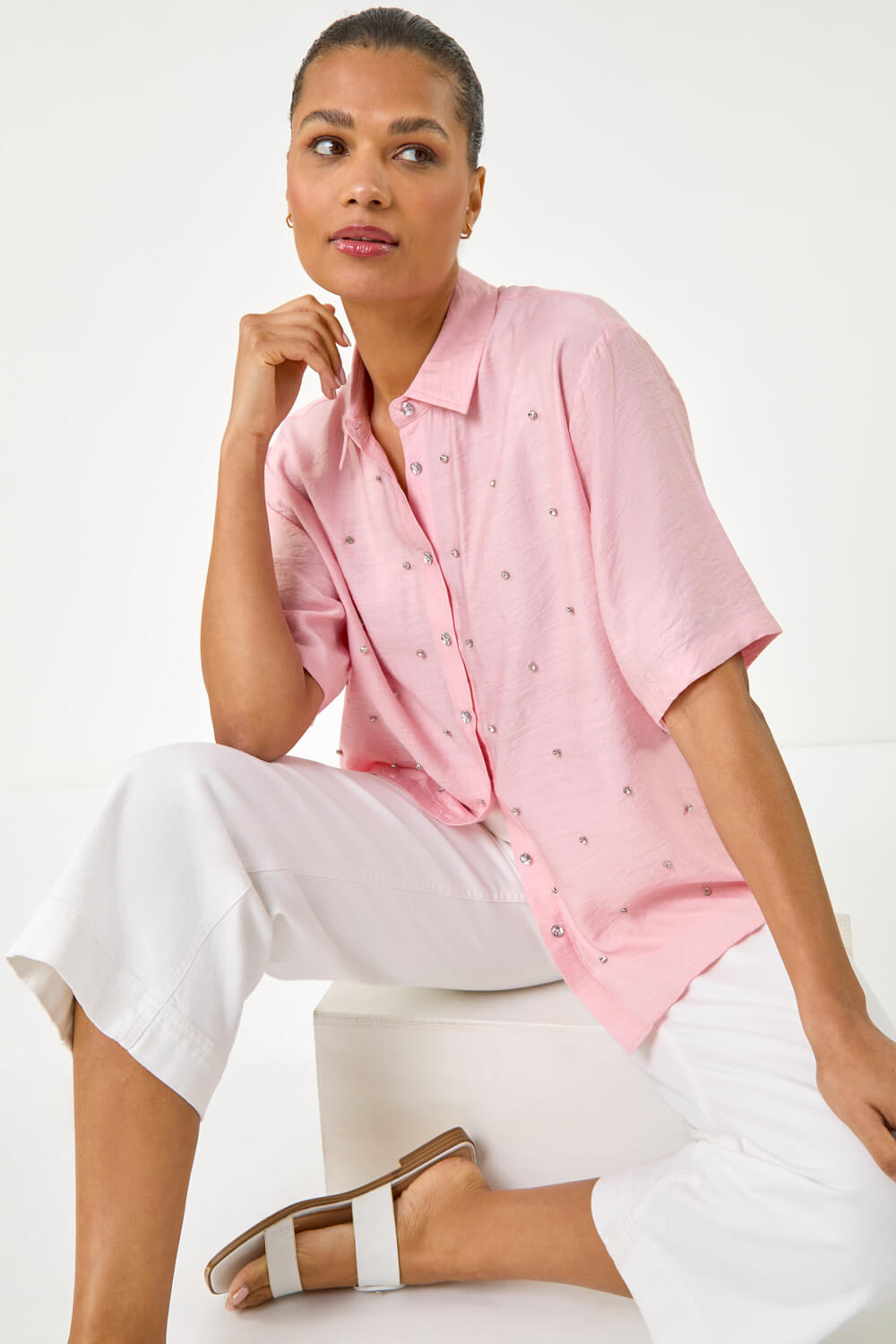Light Pink Rhinestone Button Detail Collar Blouse | Roman UK