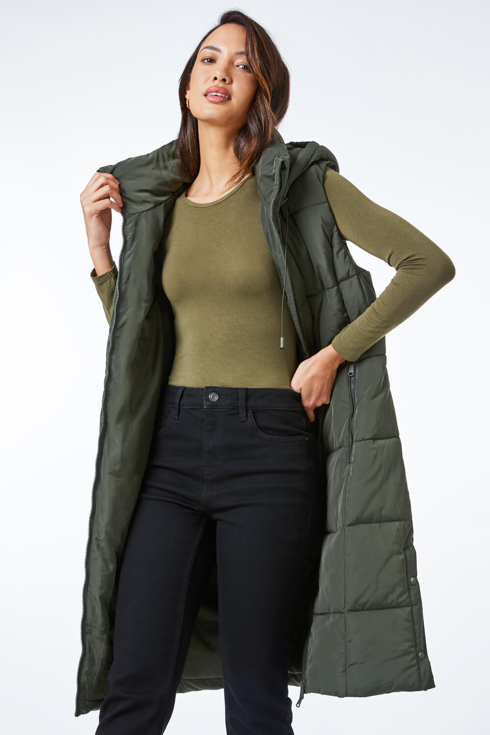 Longline Hooded Gilet in Khaki - Roman Originals UK
