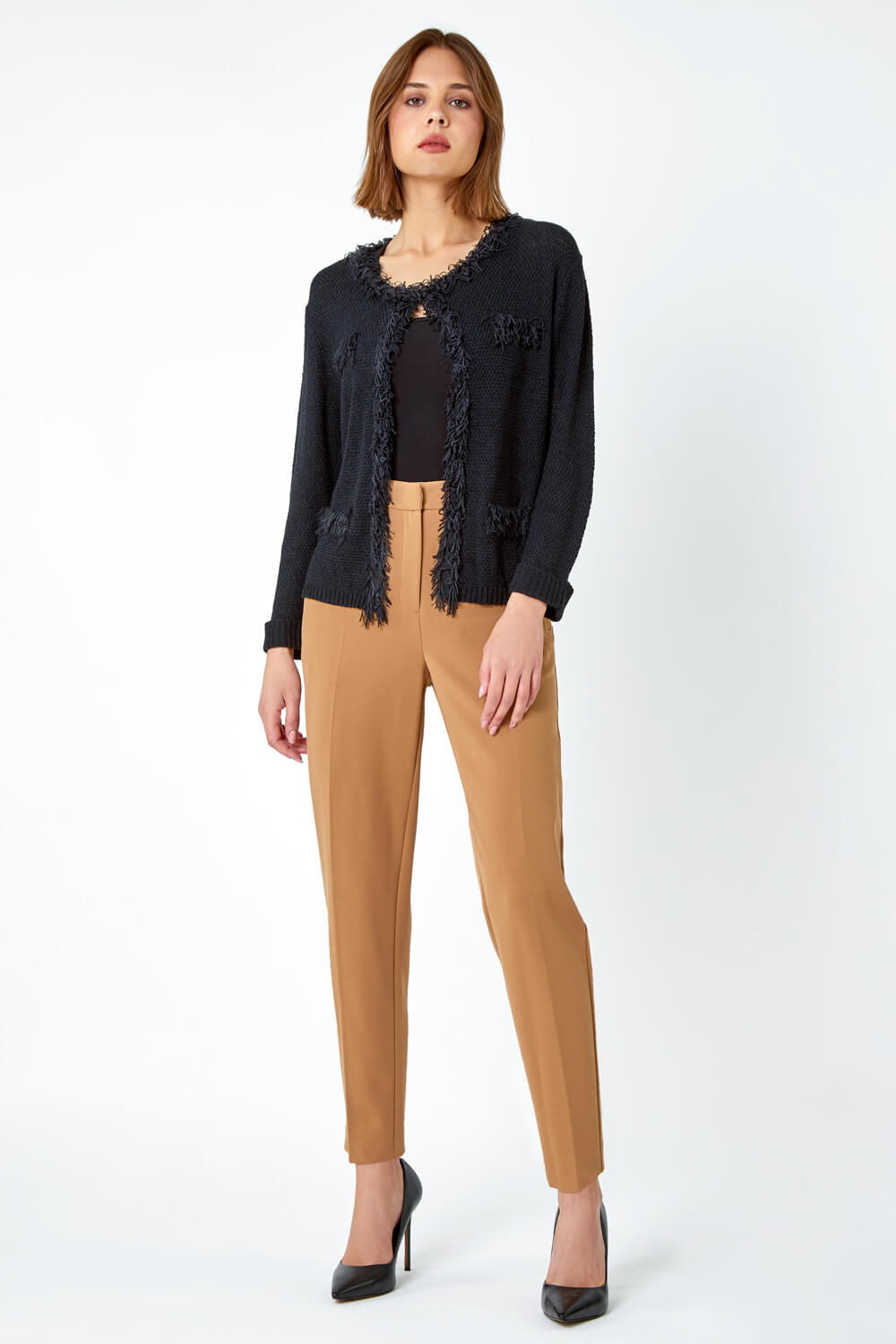 Black Fringe Detail Boucle Cardigan | Roman UK
