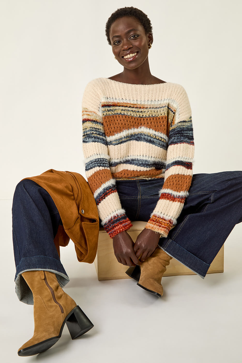 Brown Jacquard Slash Neck Knit Jumper | Roman UK