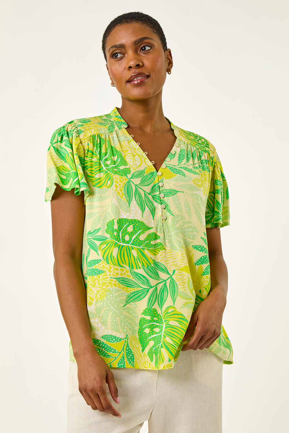Lime Leaf Print Shirred V-Neck Top | Roman UK