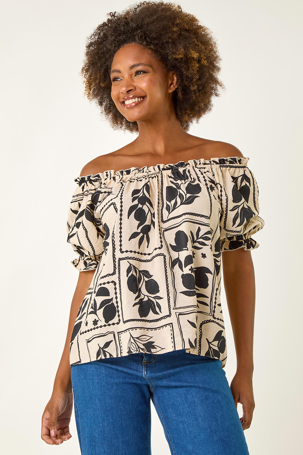 Black Mono Print Bardot Top | Roman UK