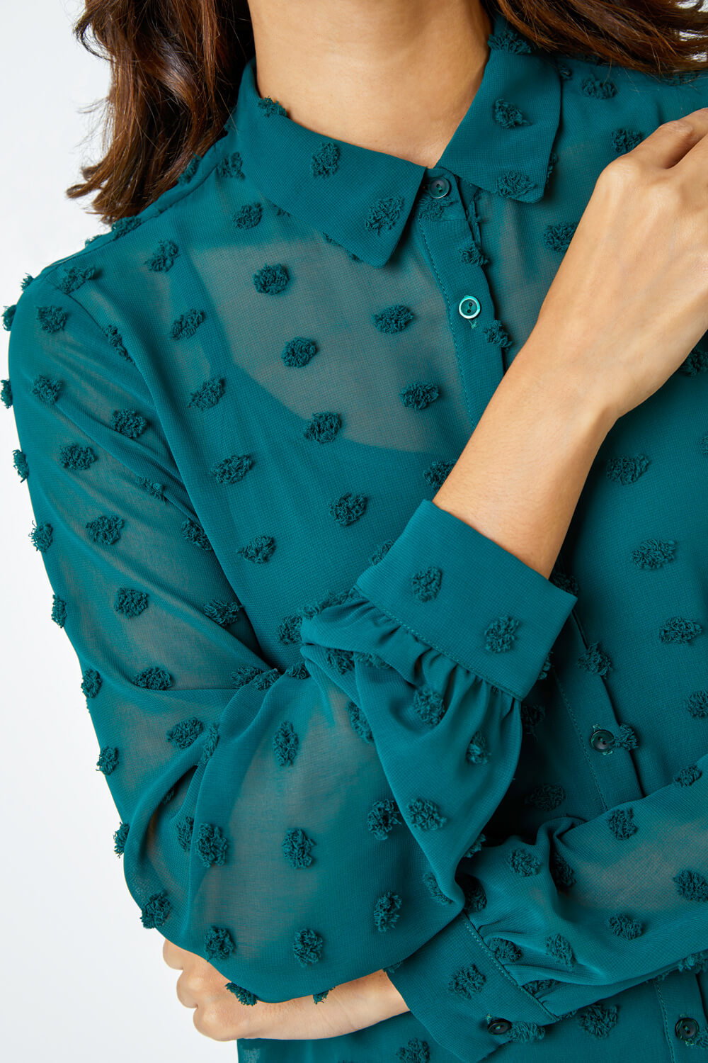 Textured Polka Dot Blouse in Green - Roman Originals UK