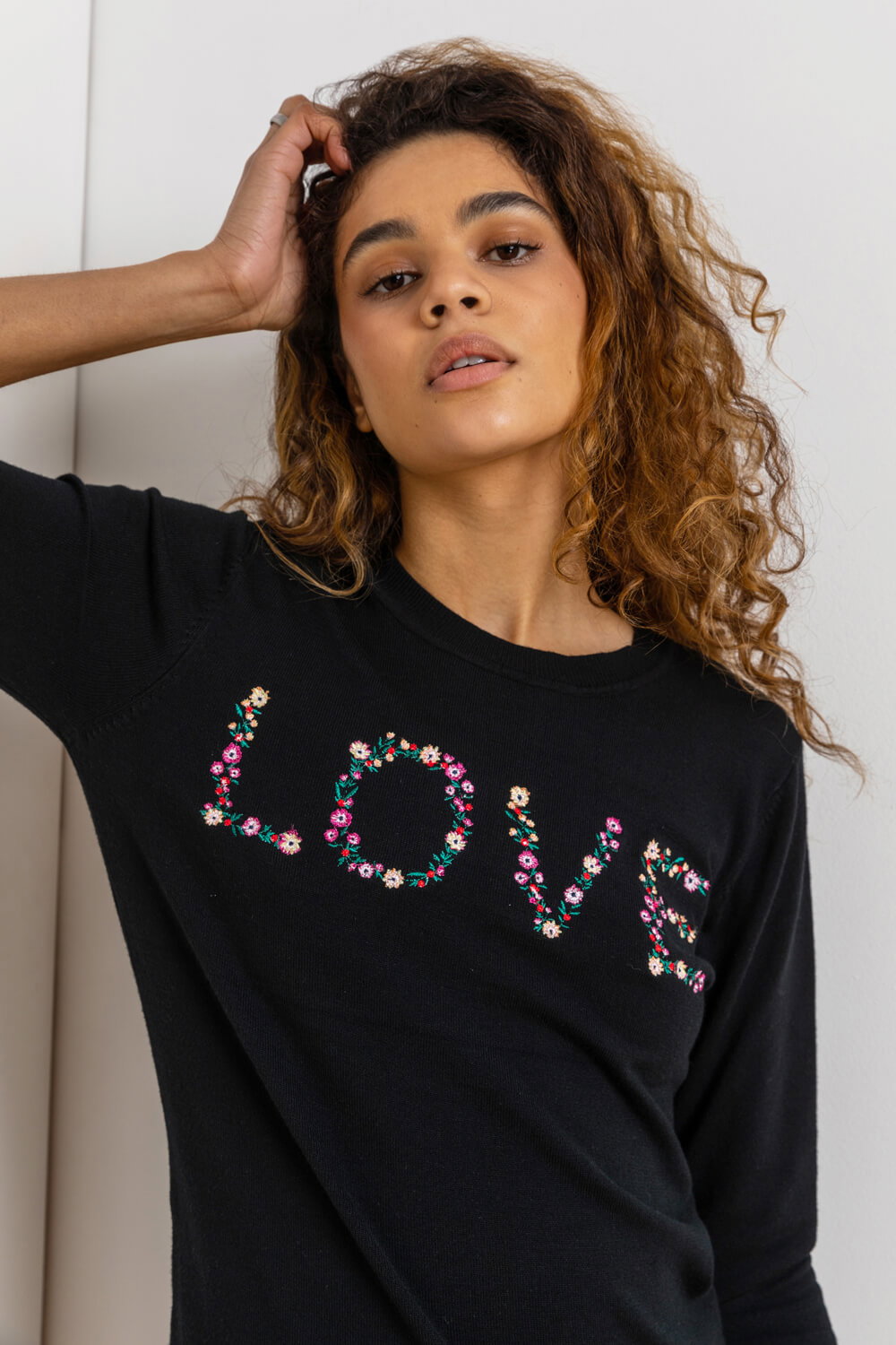 Love Floral Embroidered Jumper in Black - Roman Originals UK