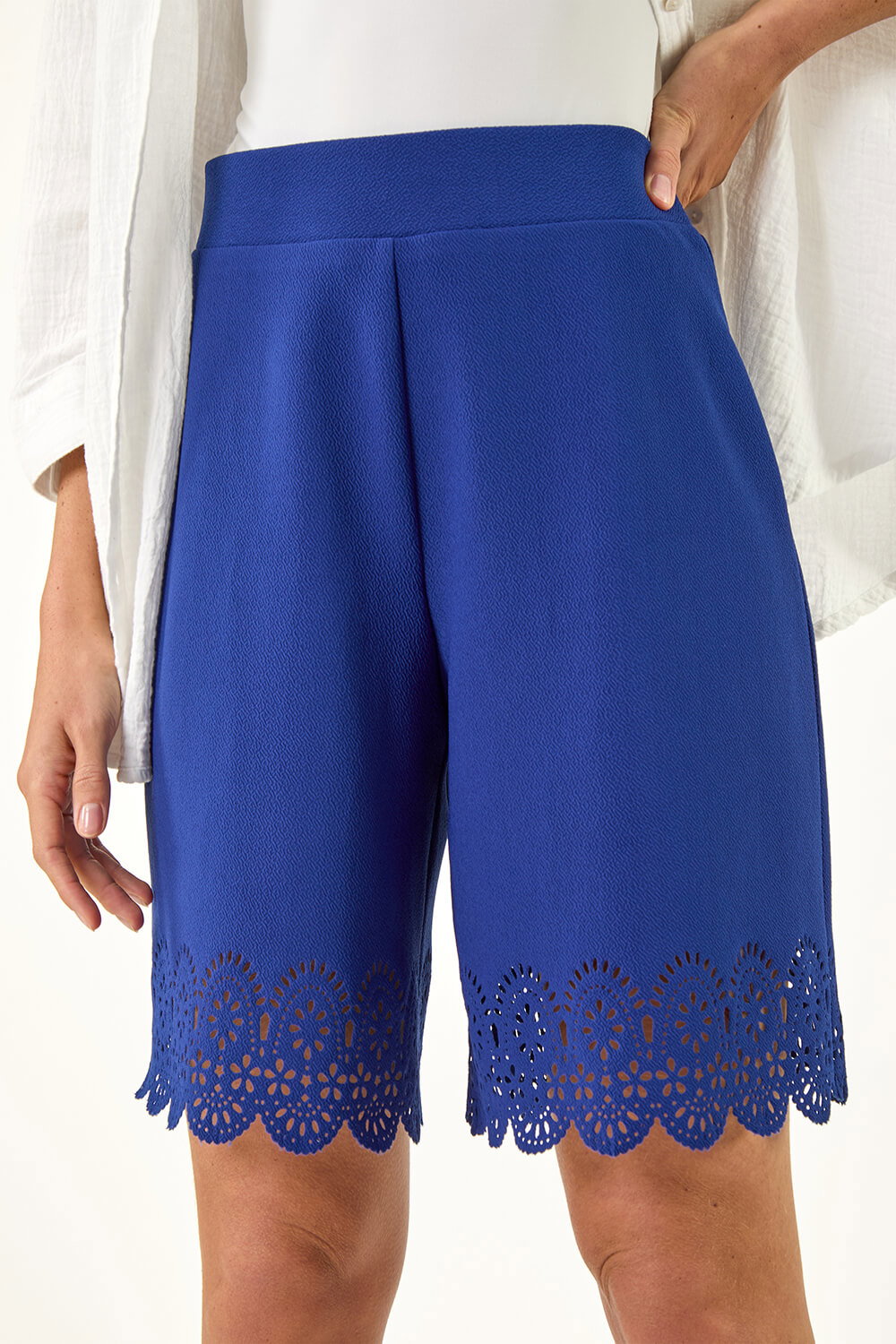 Royal Blue Laser Cut Hem Shorts | Roman UK