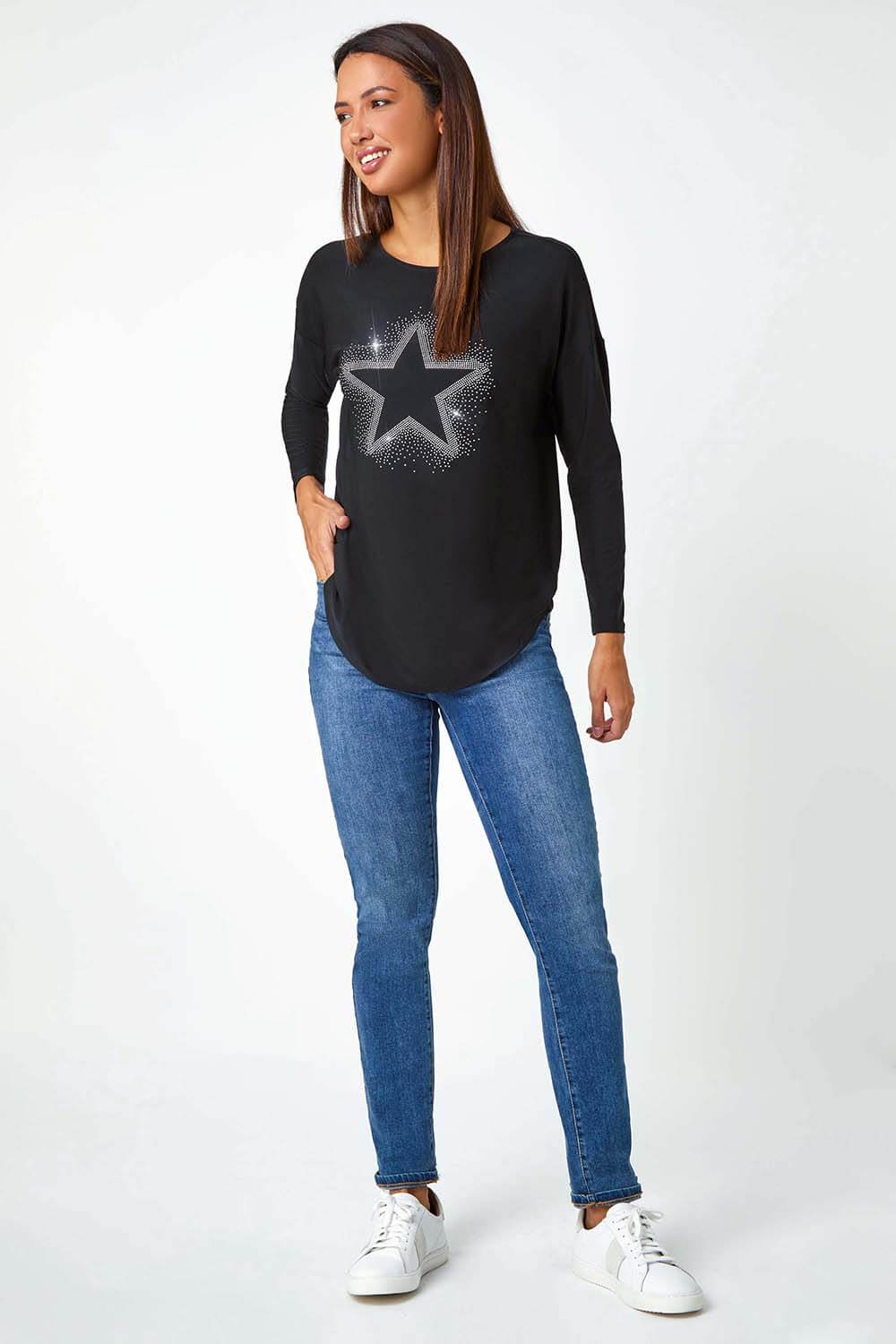 Black Embellished Star Print Stretch Top | Roman UK