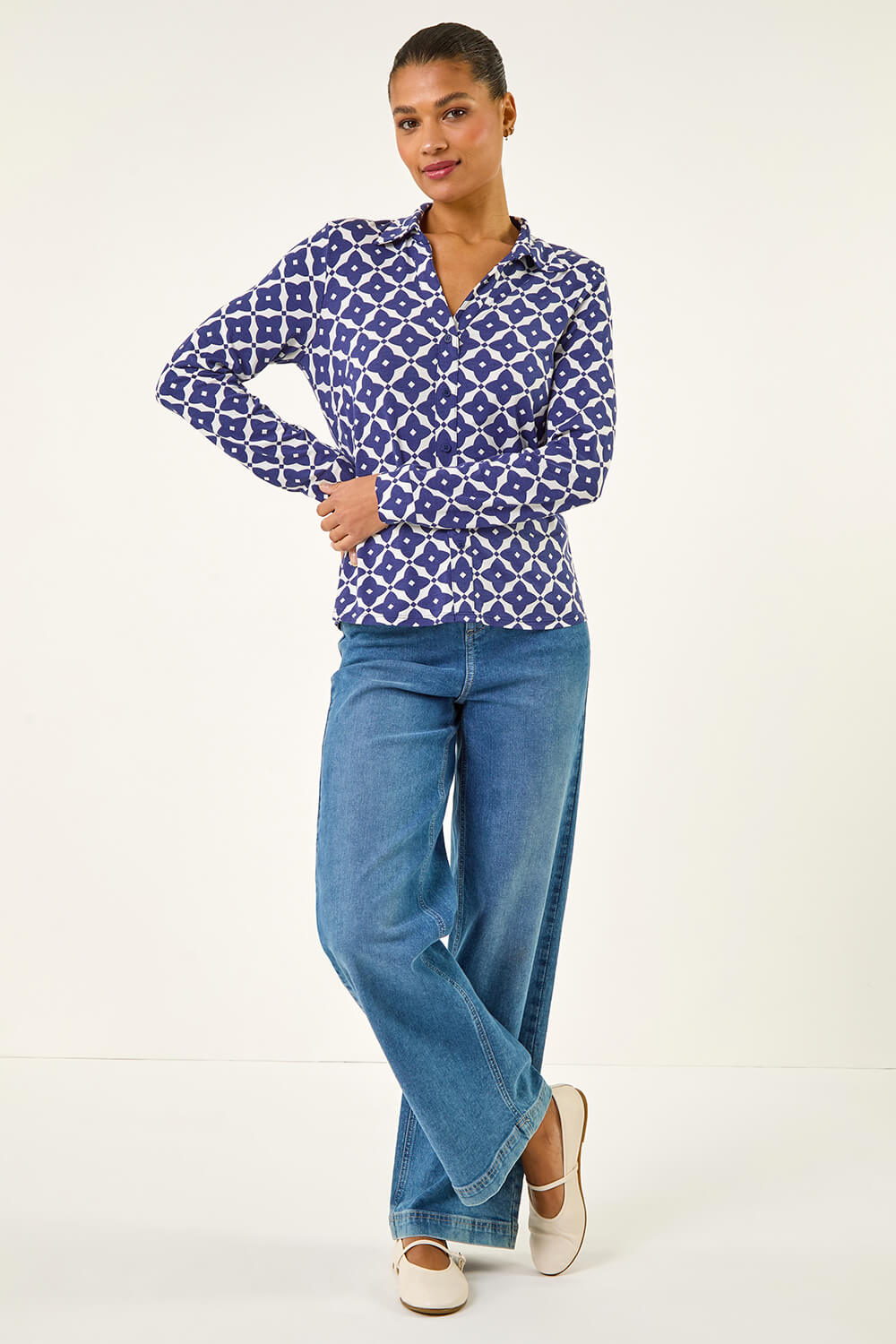 Blue Geo Print Stretch Mock Shirt | Roman UK