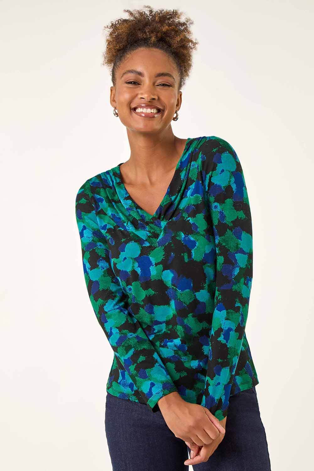 Green Printed V-Neck Stretch Top | Roman UK