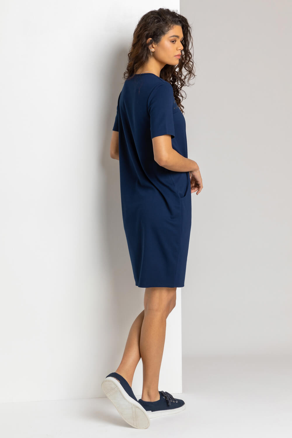 Eyelet Embellished Pocket Slouch Dress in Navy - Roman Originals UK