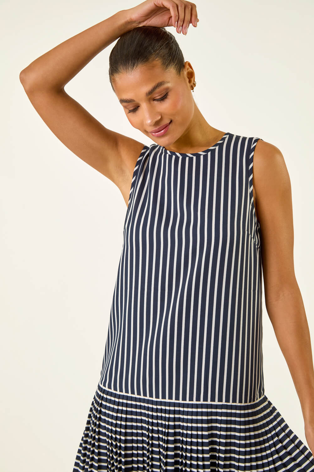 Navy Stripe Print Pleated A-Line Dress | Roman UK
