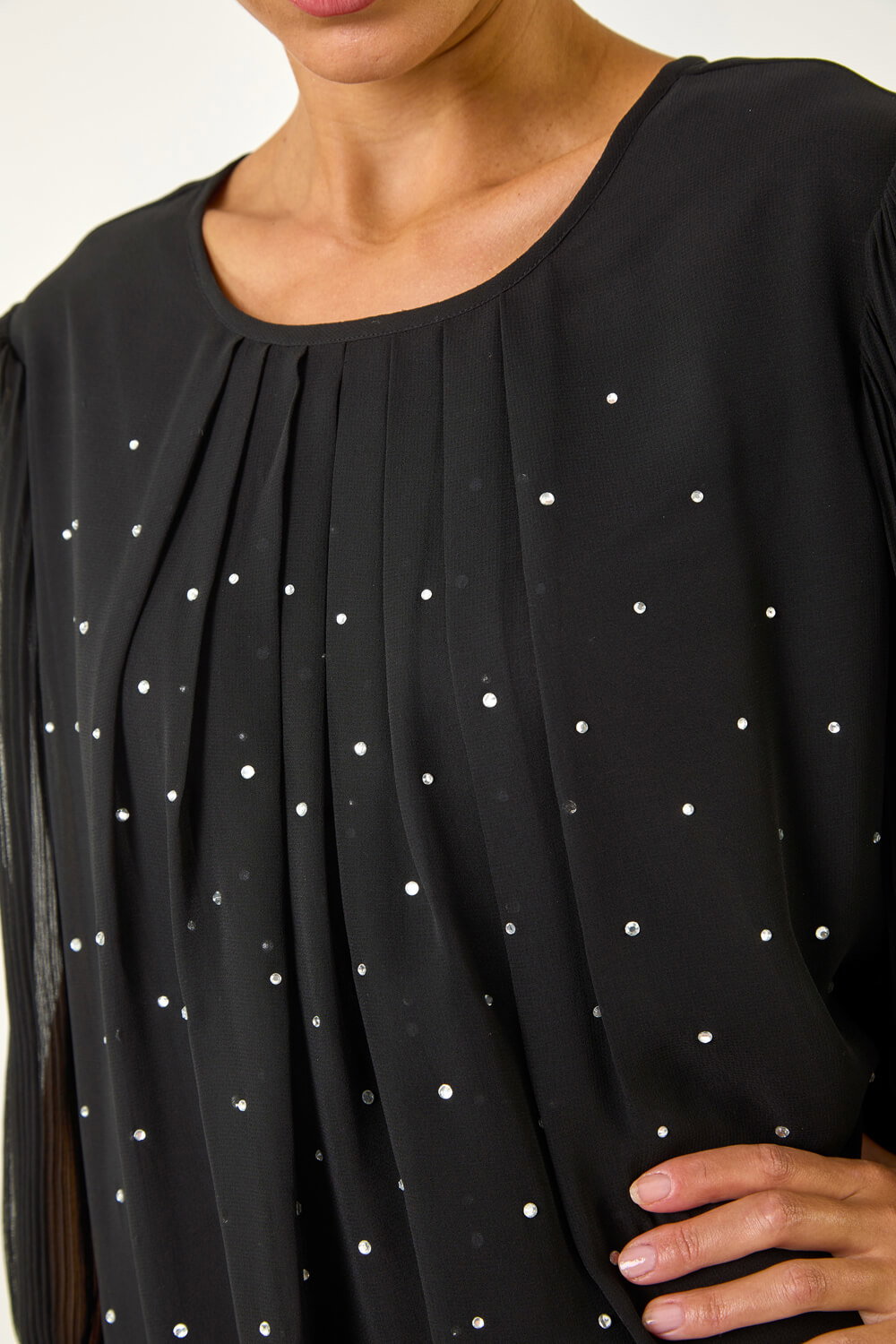 Black Pleated Sleeve Hotfix Detail Top | Roman UK