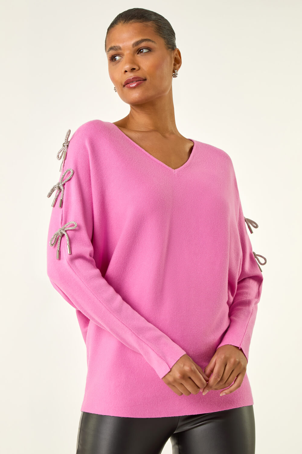 Pink Bow Sleeve V-Neck Knit Jumper | Roman UK
