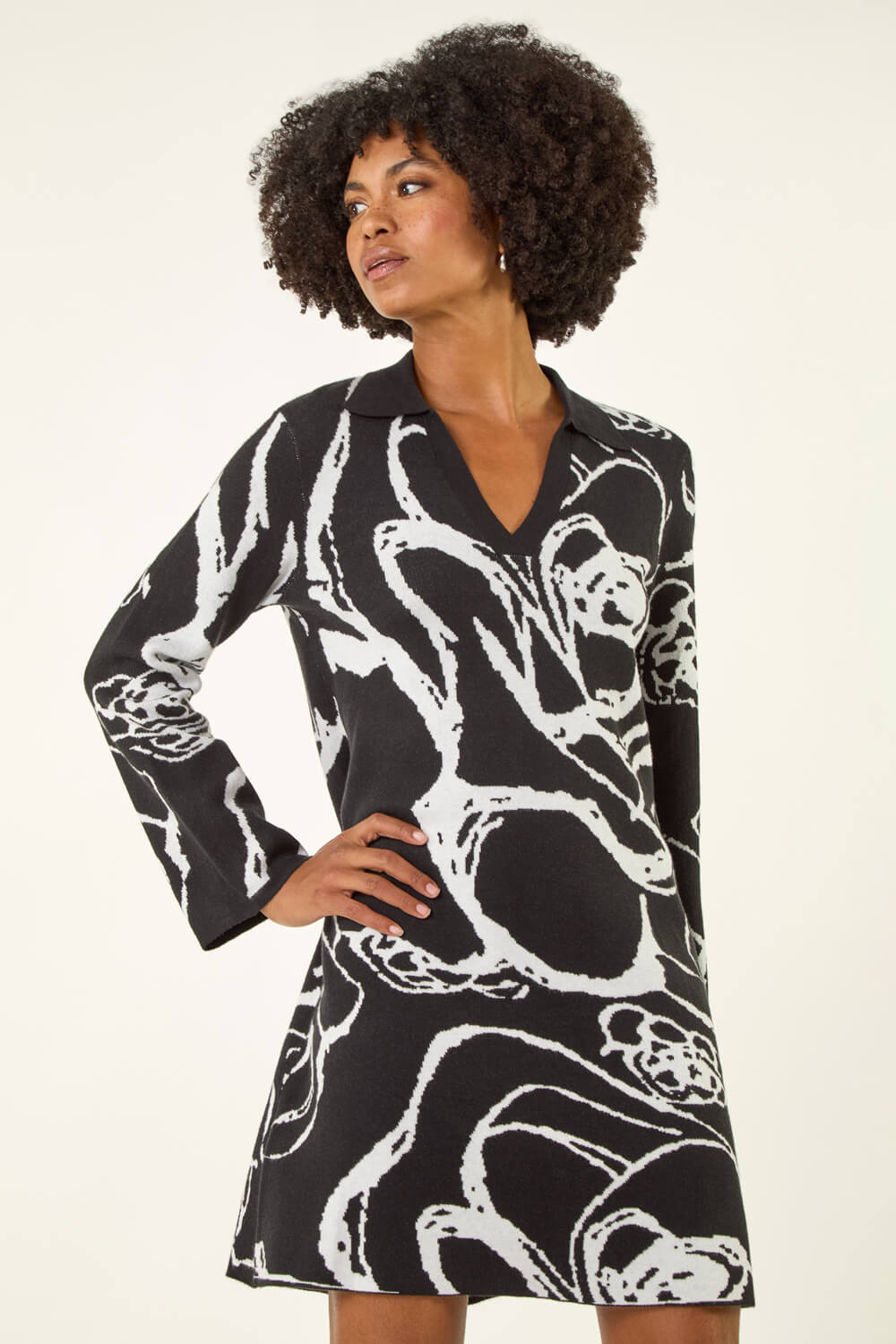 Black Floral Abstract Knit Dress | Roman UK