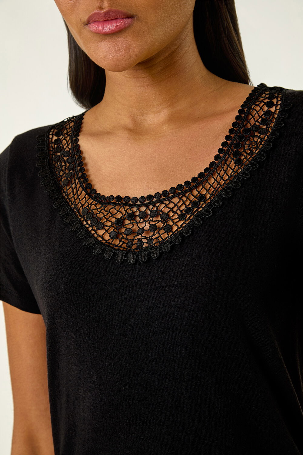 Black Lace Neck Trim Stretch Top | Roman UK
