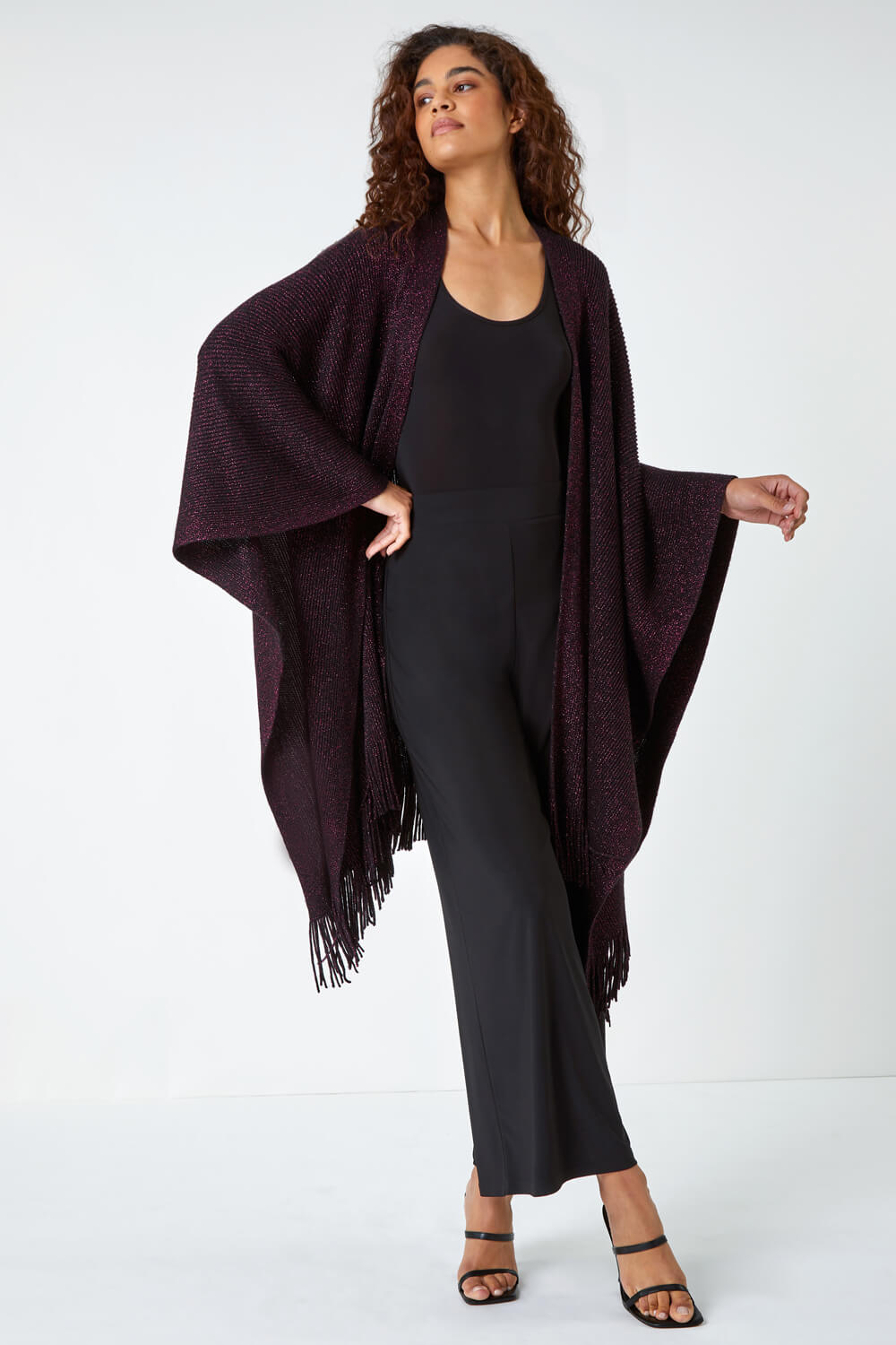 Purple Metallic Knit Fringe Hem Cape | Roman UK