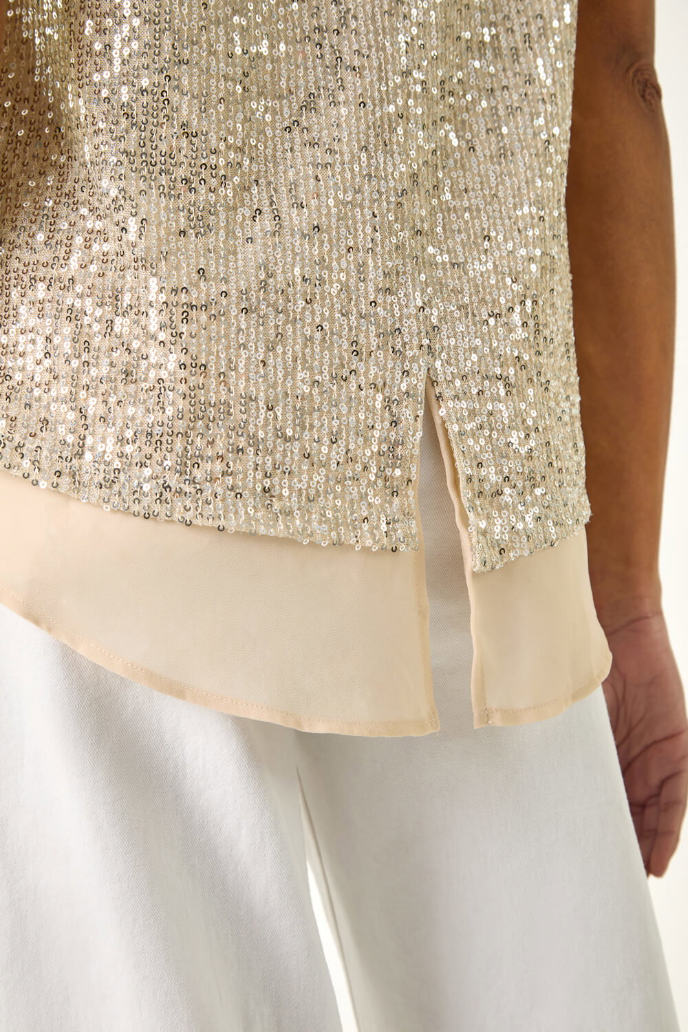Champagne Sequin V-Neck Tunic Stretch Top | Roman UK