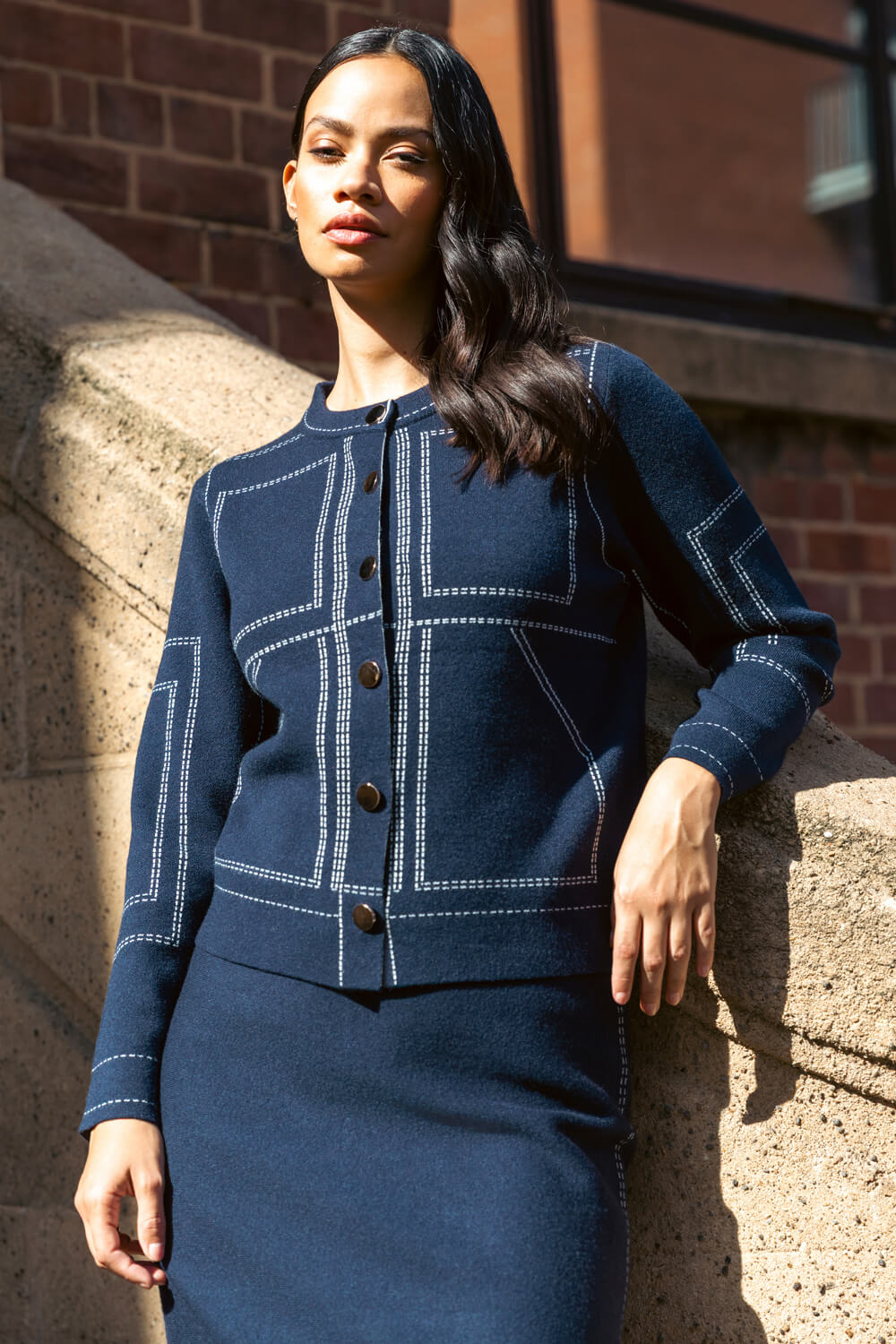 Navy Dusk Contrast Stitch Knitted Jacket | Roman UK