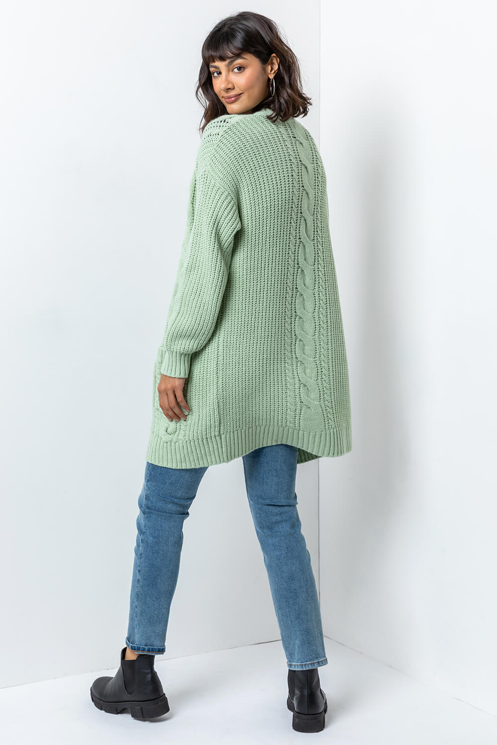 Cable Knit Longline Cardigan in Mint - Roman Originals UK