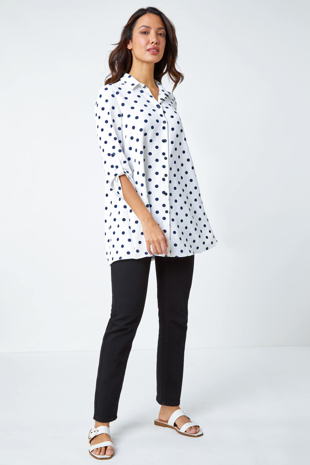 Ivory Polka Dot Longline Swing Shirt | Roman UK