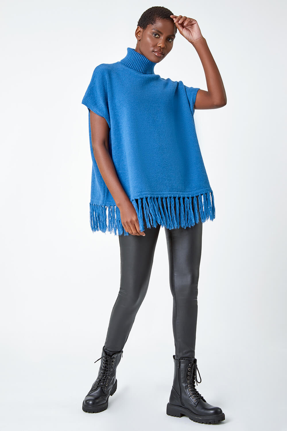 Blue Roll Neck Fringed Jumper | Roman UK