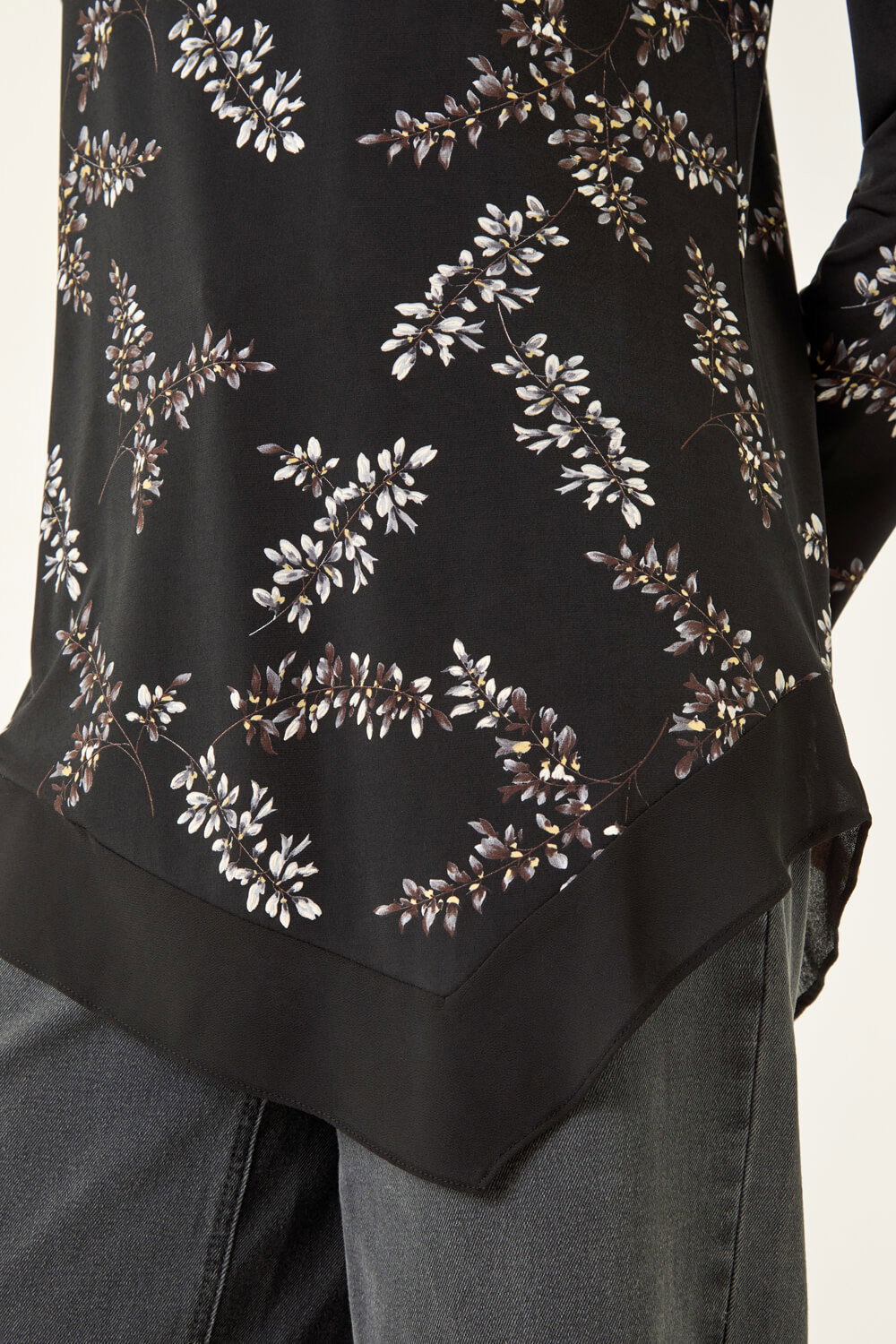 Black Floral Print Chiffon Hem Top | Roman UK