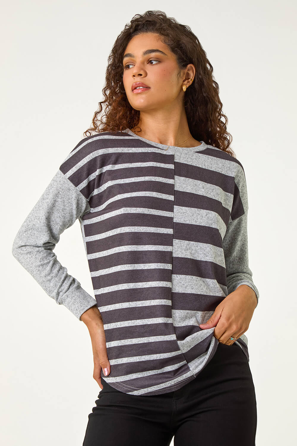 Charcoal Contrast Stripe Ribbed Snit Top | Roman UK