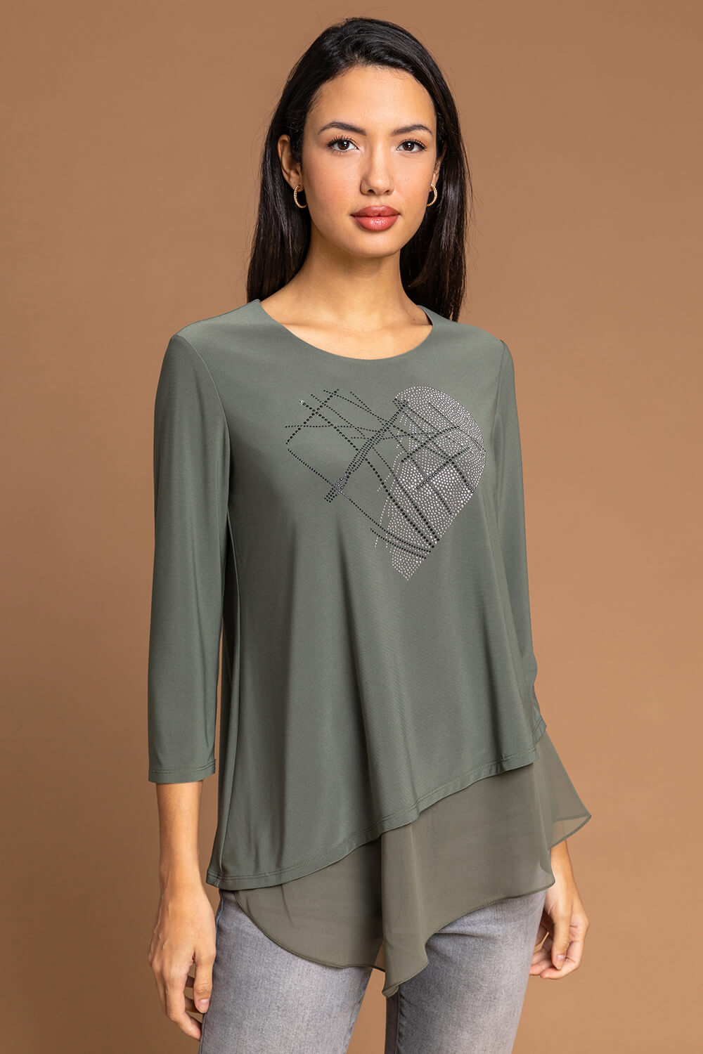 Embellished Heart Asymmetric Top in Khaki - Roman Originals UK