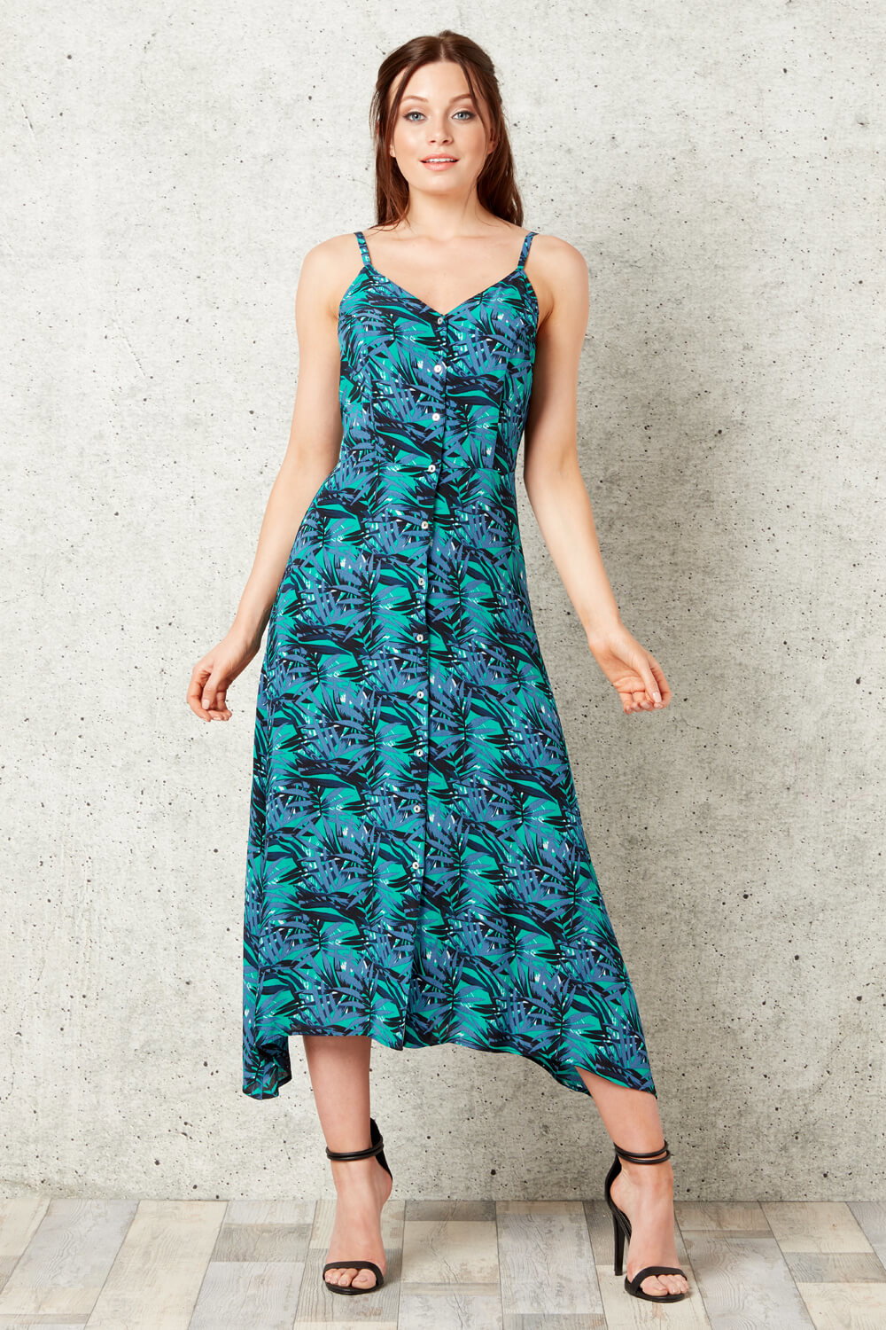 Sleeveless Palm Print Sun Dress in Green - Roman Originals UK