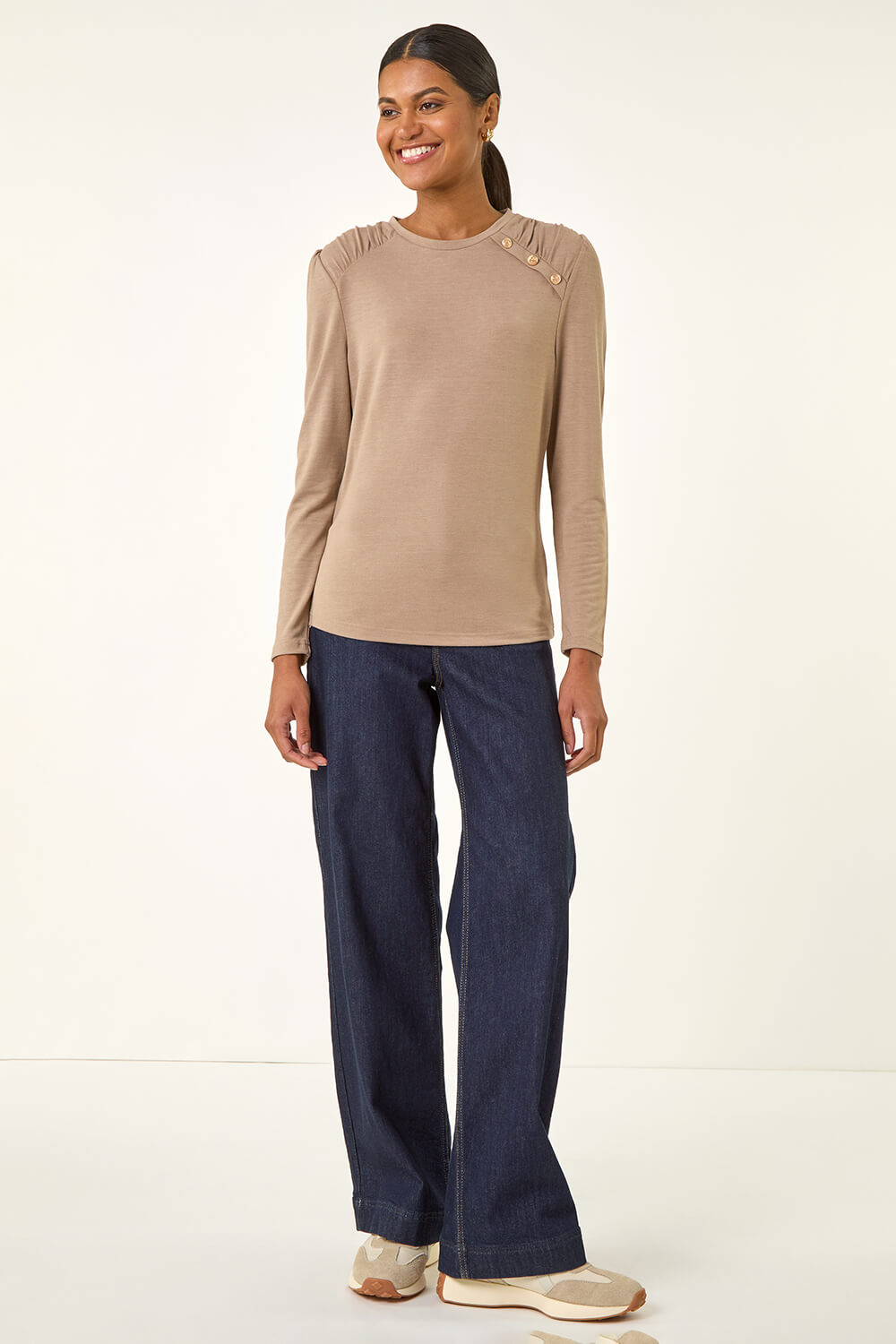 Beige Ruched Button Stretch Top | Roman UK