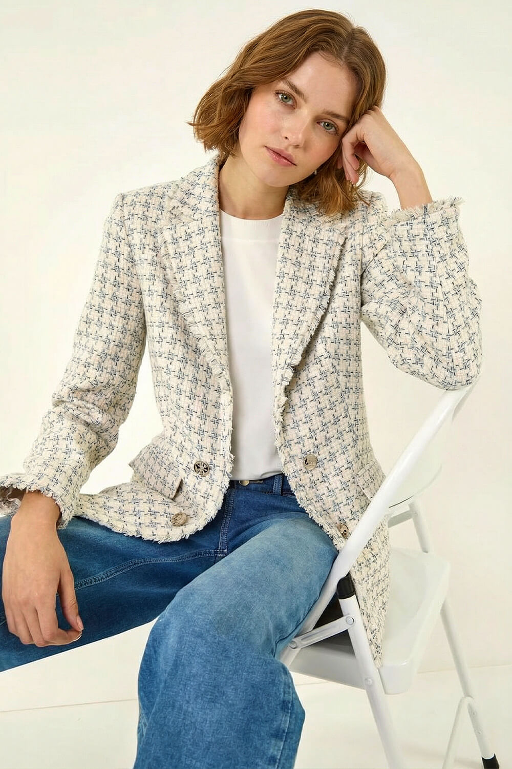 Blue Boucle Frayed Edge Jacket | Roman UK