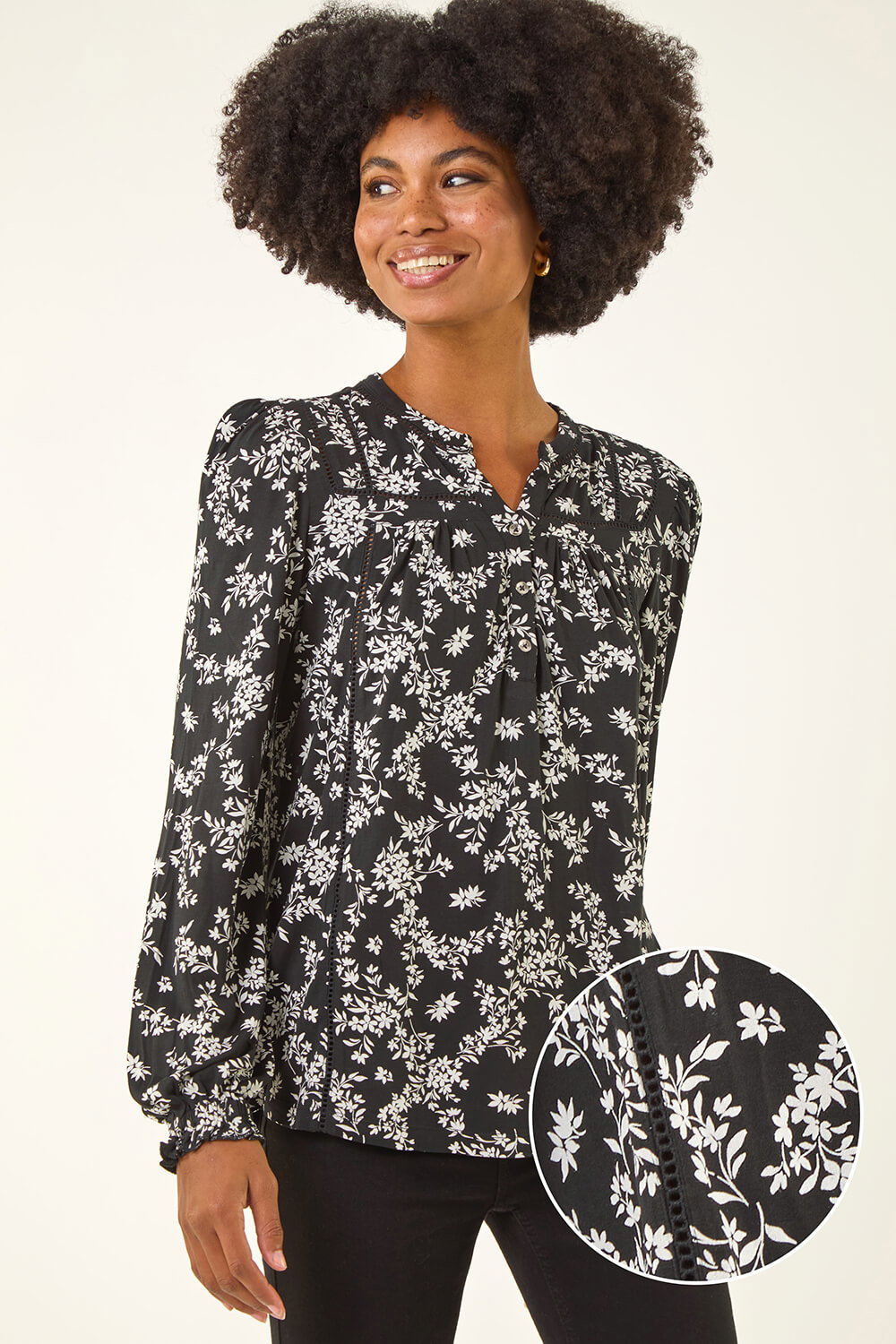 Black Floral Print Long Sleeve Top | Roman UK